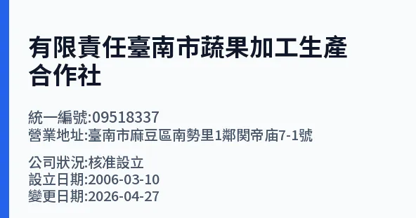 有限責任臺南市蔬果加工生產合作社的照片-統編 09518337(臺南市) 公司登記資料與營業項目詳細圖表