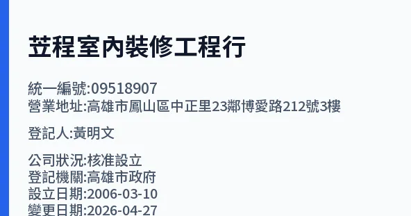 苙程室內裝修工程行的照片-統編 09518907(高雄市) 公司登記資料與營業項目詳細圖表