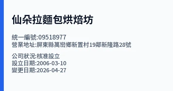 仙朵拉麵包烘焙坊的照片-統編 09518977(屏東縣) 公司登記資料與營業項目詳細圖表