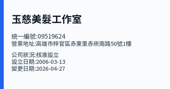玉慈美髮工作室的照片-統編 09519624(高雄市) 公司登記資料與營業項目詳細圖表
