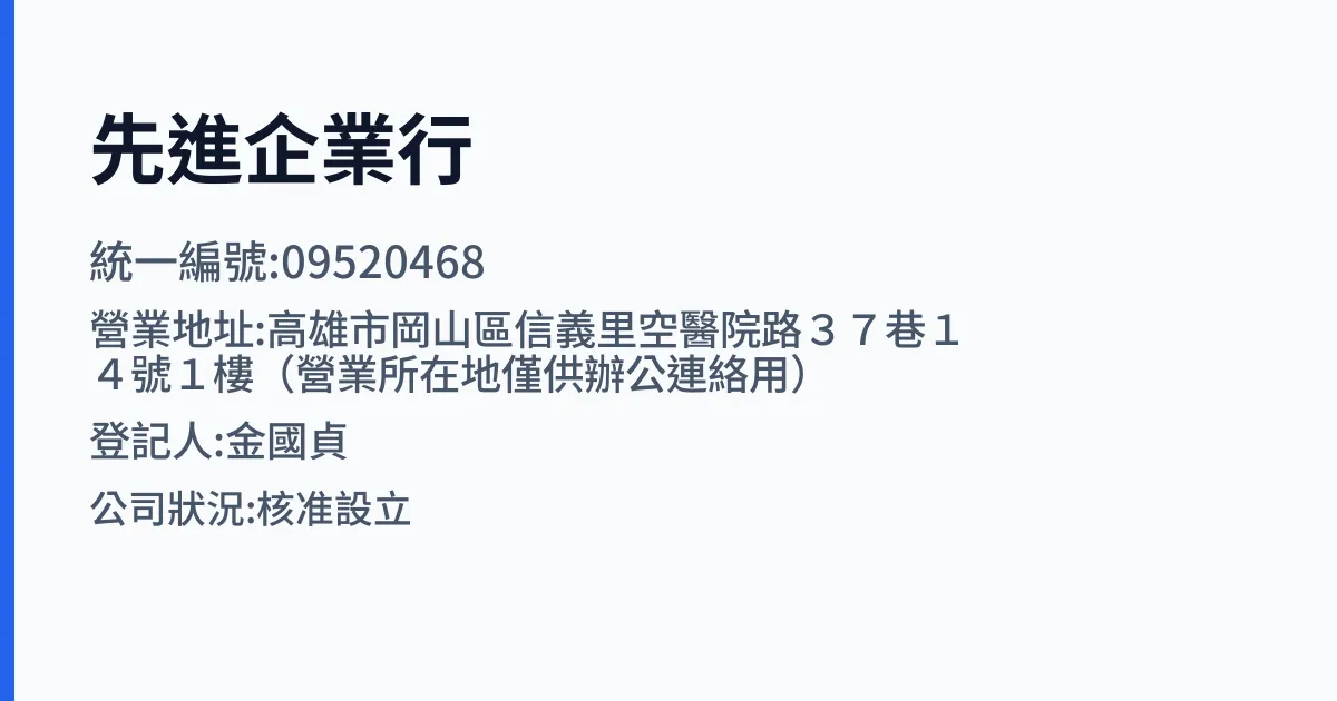 先進企業行 - 統編 09520468(高雄市) 公司登記資料與營業項目詳細圖表