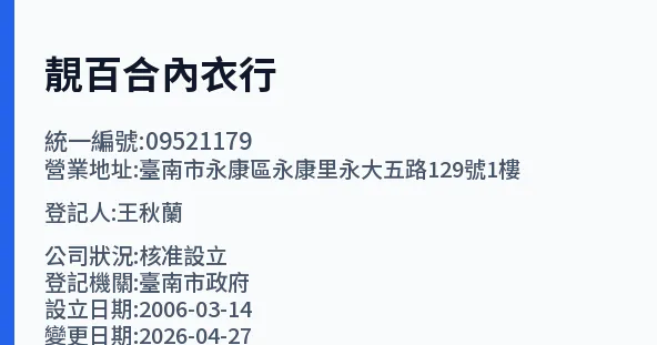 靚百合內衣行的照片-統編 09521179(臺南市) 公司登記資料與營業項目詳細圖表