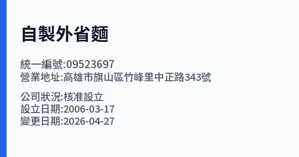 自製外省麵的照片-統編 09523697(高雄市) 公司登記資料與營業項目詳細圖表