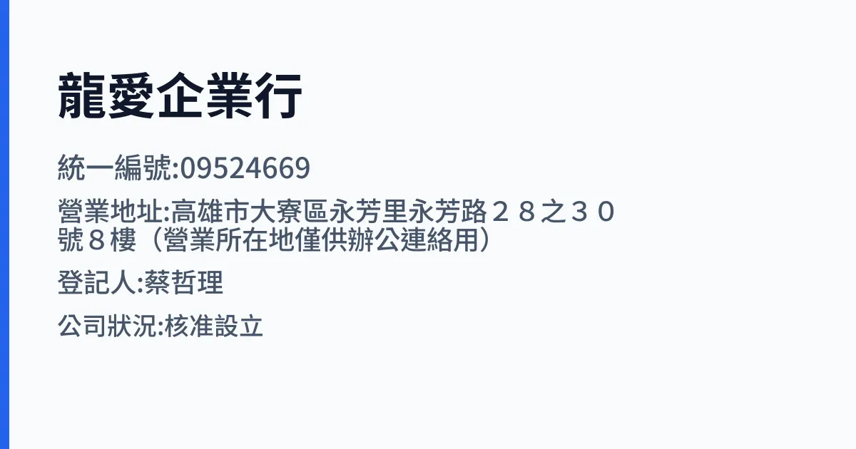 龍愛企業行 - 統編 09524669(高雄市) 公司登記資料與營業項目詳細圖表