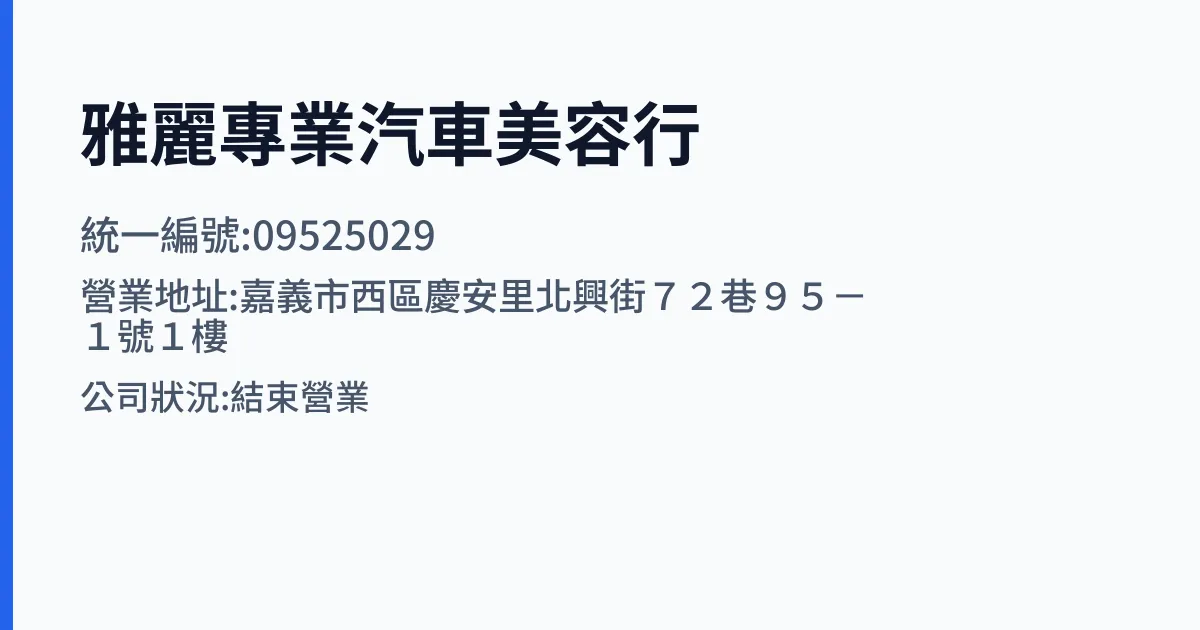 雅麗專業汽車美容行 - 統編 09525029(嘉義市) 公司登記資料與營業項目詳細圖表