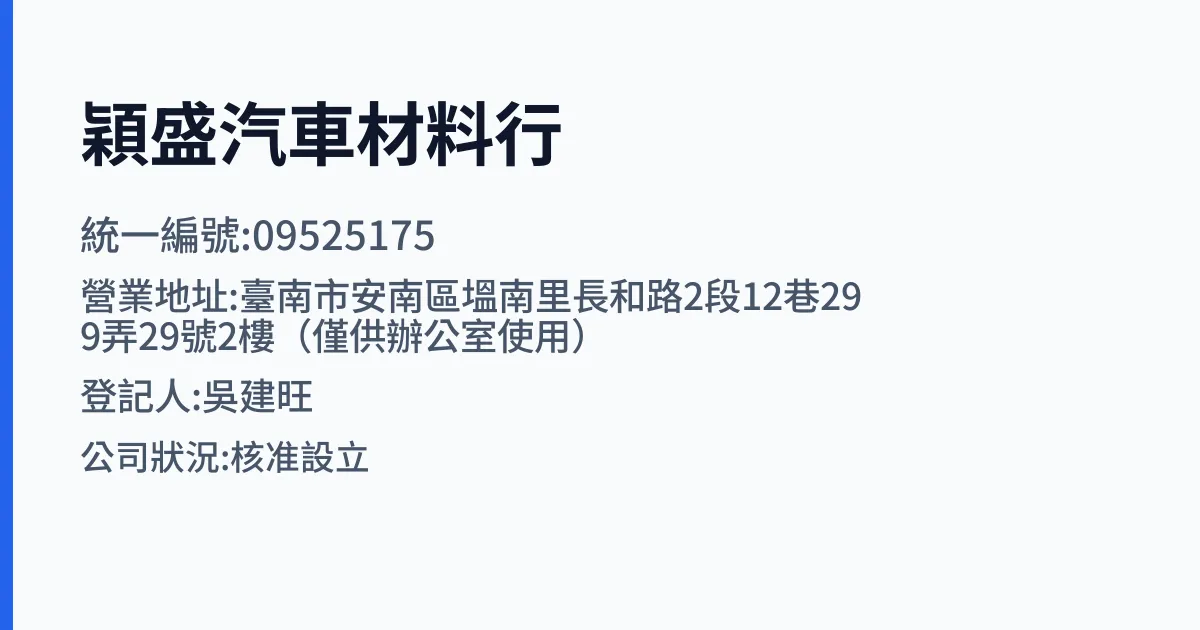穎盛汽車材料行 - 統編 09525175(臺南市) 公司登記資料與營業項目詳細圖表