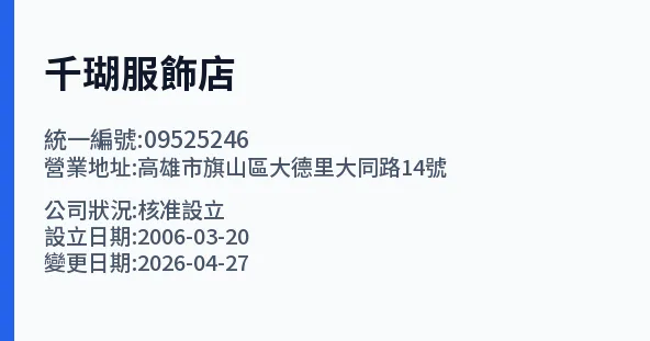 千瑚服飾店的照片-統編 09525246(高雄市) 公司登記資料與營業項目詳細圖表
