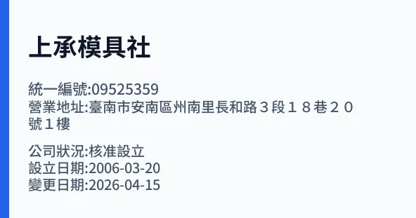 上承模具社的照片-統編 09525359(臺南市) 公司登記資料與營業項目詳細圖表