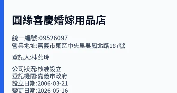 圓緣喜慶婚嫁用品店的照片-統編 09526097(嘉義市) 公司登記資料與營業項目詳細圖表