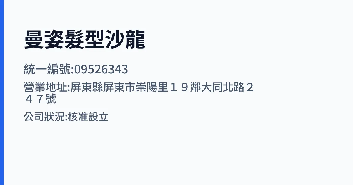 曼姿髮型沙龍 - 統編 09526343(屏東縣) 公司登記資料與營業項目詳細圖表