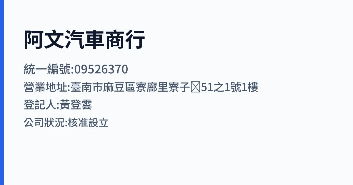 阿文汽車商行 - 統編 09526370(臺南市) 公司登記資料與營業項目詳細圖表