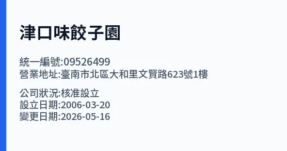 津口味餃子園的照片-統編 09526499(臺南市) 公司登記資料與營業項目詳細圖表