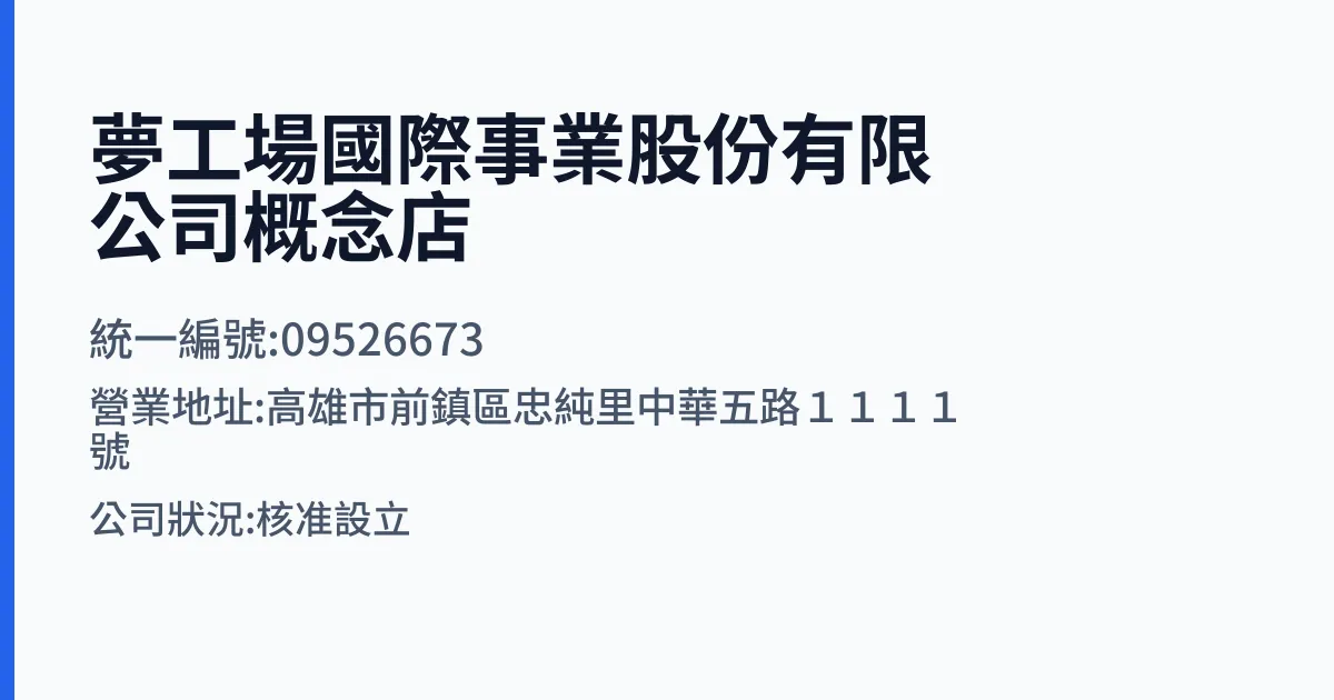 夢工場國際事業股份有限公司概念店 - 統編 09526673(高雄市) 公司登記資料與營業項目詳細圖表