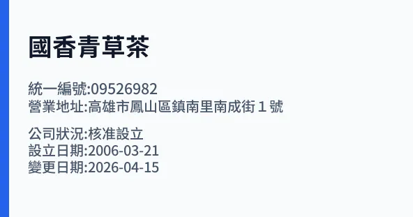 國香青草茶的照片-統編 09526982(高雄市) 公司登記資料與營業項目詳細圖表