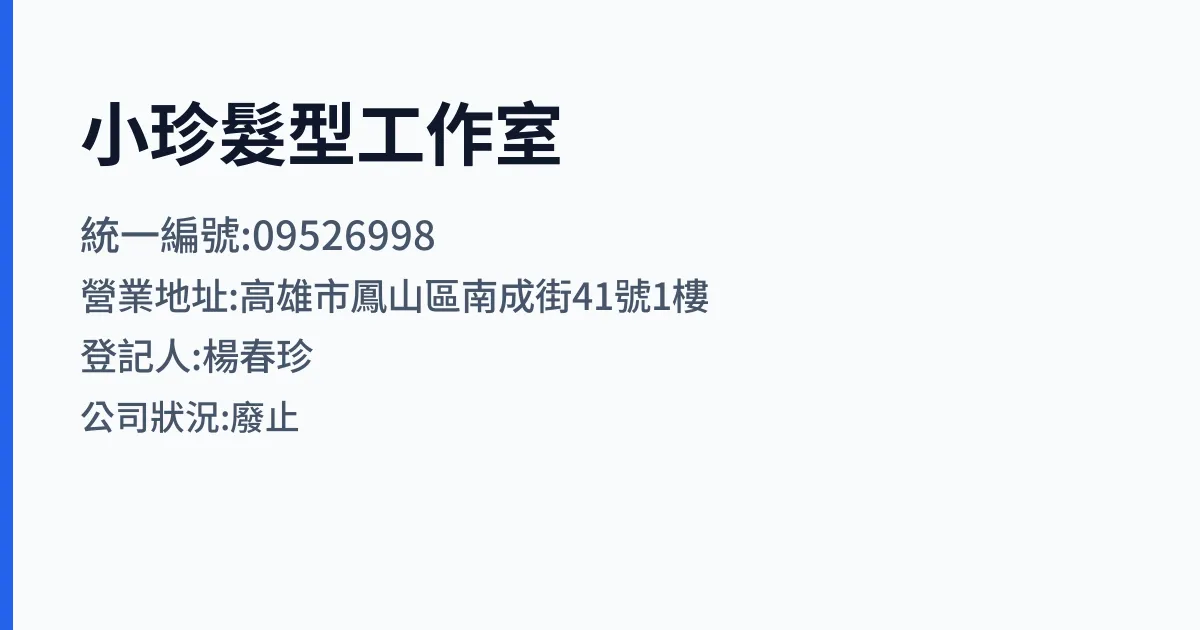 小珍髮型工作室 - 統編 09526998（高雄市） 公司登記資料與營業項目詳細圖表