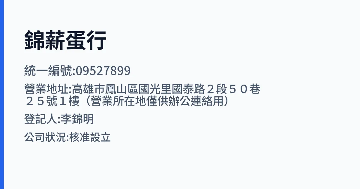 錦薪蛋行 - 統編 09527899(高雄市) 公司登記資料與營業項目詳細圖表
