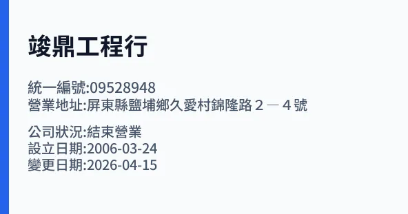 竣鼎工程行的照片-統編 09528948(屏東縣) 公司登記資料與營業項目詳細圖表