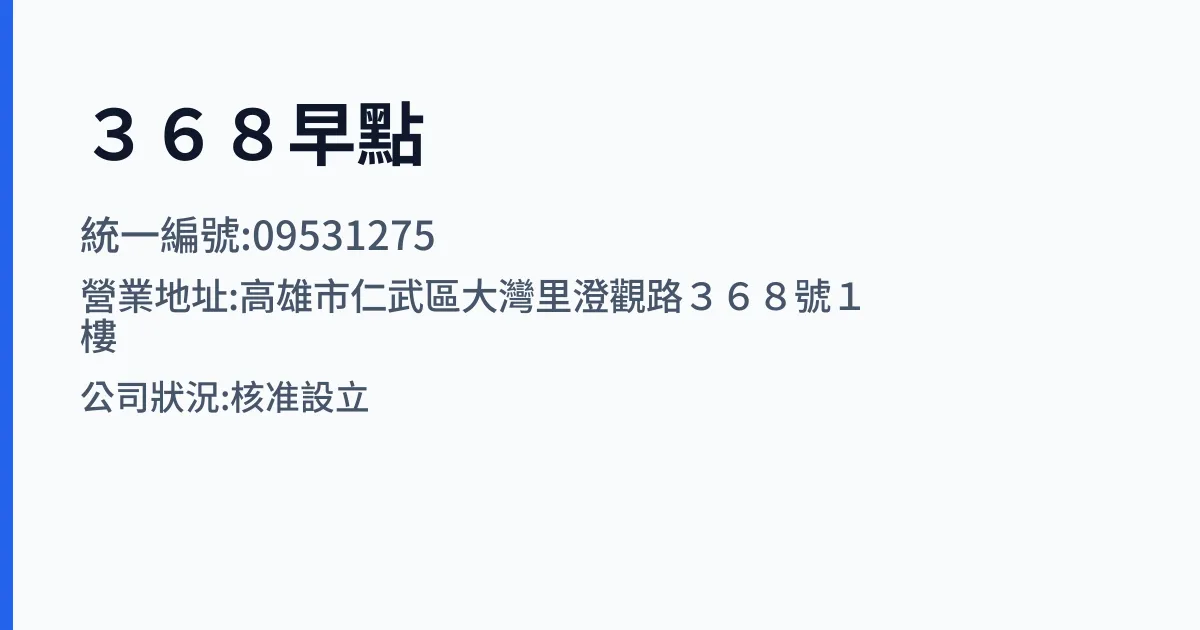 ３６８早點 - 統編 09531275(高雄市) 公司登記資料與營業項目詳細圖表