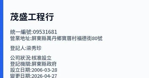 茂盛工程行的照片-統編 09531681(屏東縣) 公司登記資料與營業項目詳細圖表