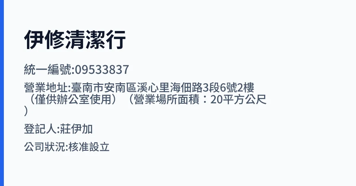 伊修清潔行 - 統編 09533837(臺南市) 公司登記資料與營業項目詳細圖表