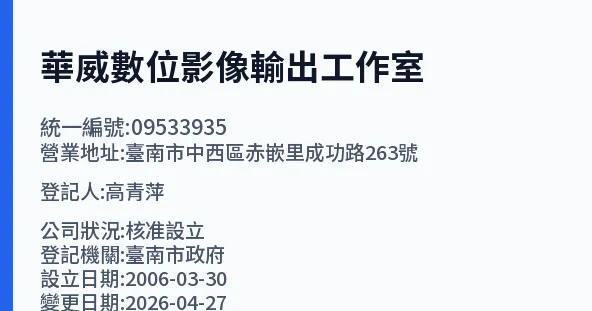 華威數位影像輸出工作室的照片-統編 09533935(臺南市) 公司登記資料與營業項目詳細圖表