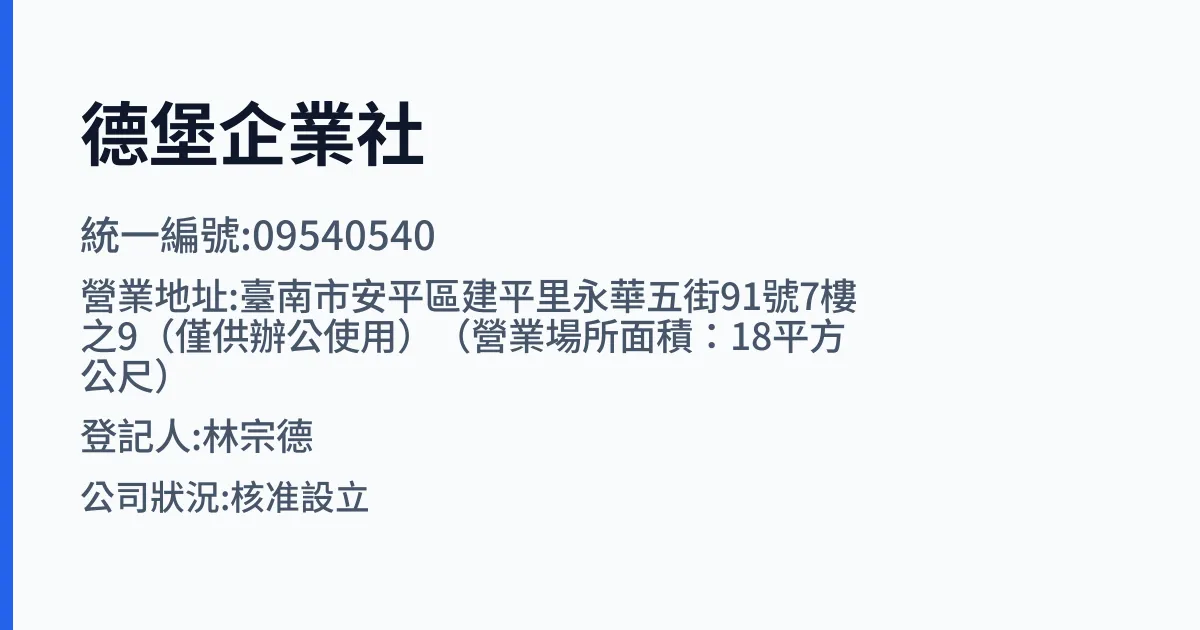 德堡企業社 - 統編 09540540(臺南市) 公司登記資料與營業項目詳細圖表
