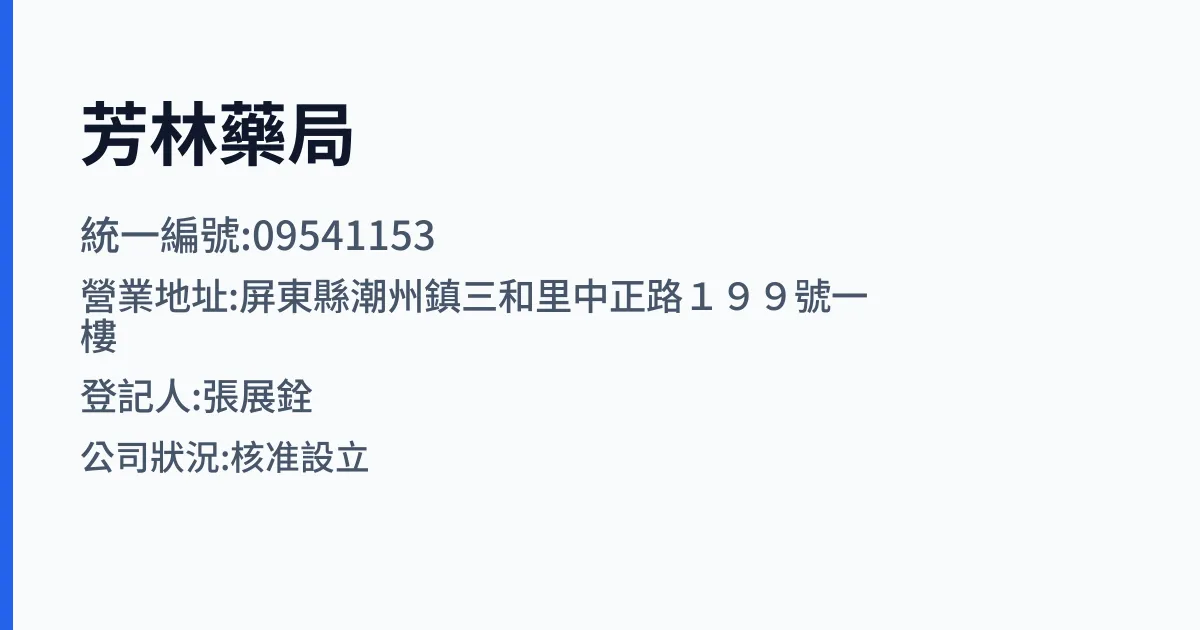 芳林藥局 - 統編 09541153(屏東縣) 公司登記資料與營業項目詳細圖表