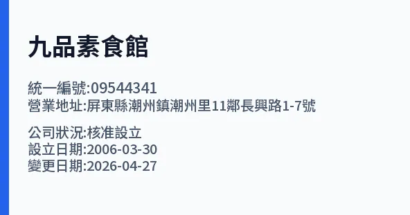 九品素食館的照片-統編 09544341(屏東縣) 公司登記資料與營業項目詳細圖表
