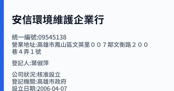 安信環境維護企業行的照片-統編 09545138(高雄市) 公司登記資料與營業項目詳細圖表