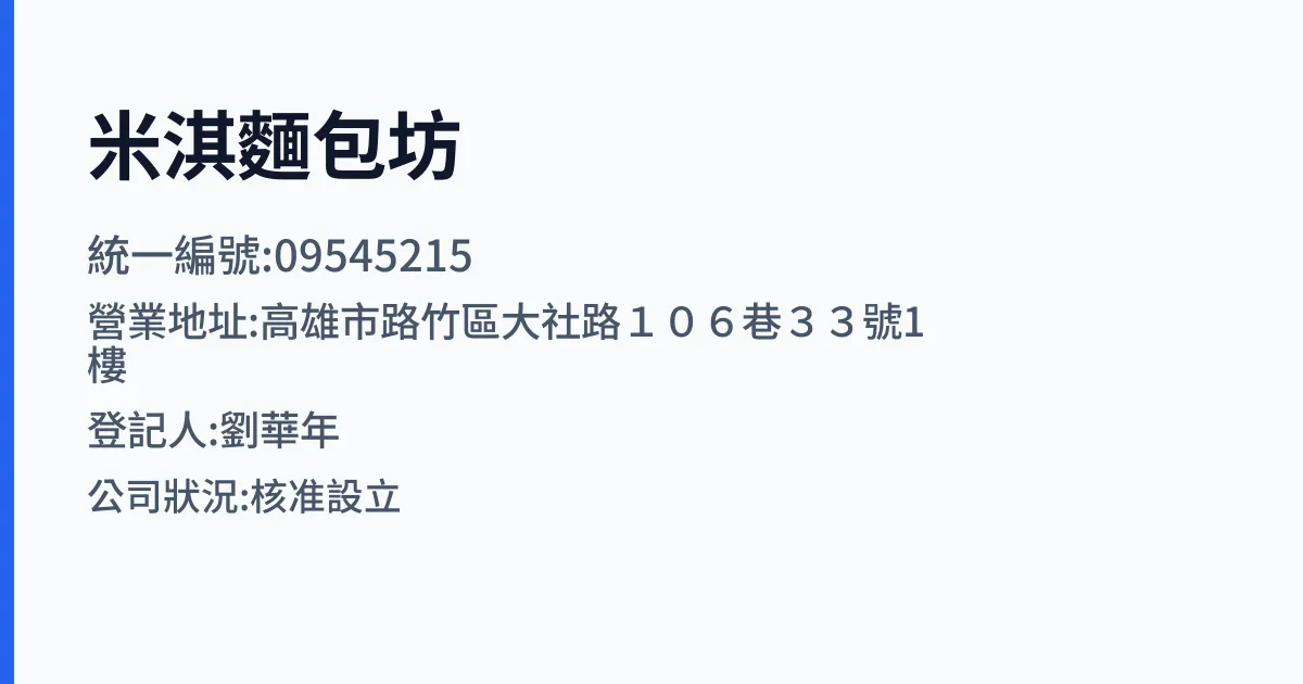 米淇麵包坊 - 統編 09545215(高雄市) 公司登記資料與營業項目詳細圖表