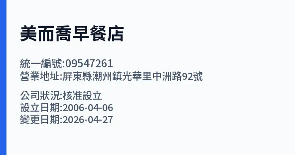 美而喬早餐店的照片-統編 09547261(屏東縣) 公司登記資料與營業項目詳細圖表