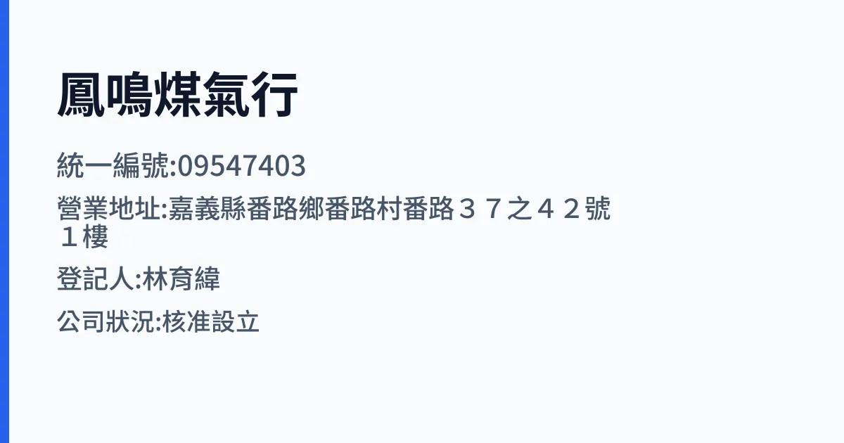 鳳鳴煤氣行 - 統編 09547403(嘉義縣) 公司登記資料與營業項目詳細圖表
