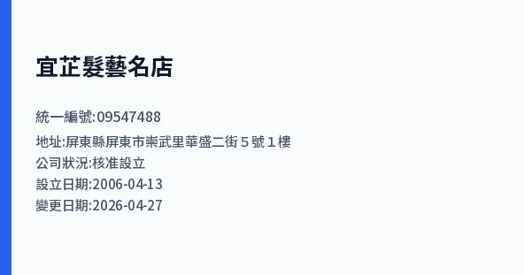 宜芷髮藝名店的照片-統編 09547488(屏東縣) 公司登記資料與營業項目詳細圖表