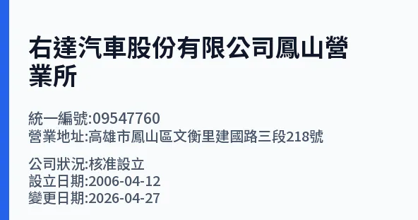 右達汽車股份有限公司鳳山營業所的照片-統編 09547760(高雄市) 公司登記資料與營業項目詳細圖表