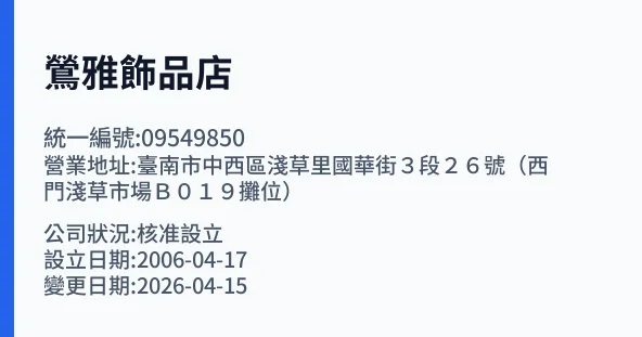 鶯雅飾品店的照片-統編 09549850(臺南市) 公司登記資料與營業項目詳細圖表