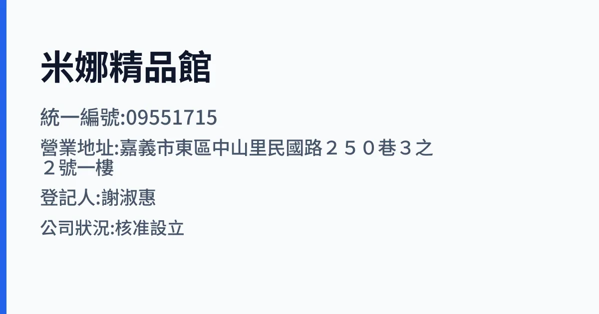米娜精品館 - 統編 09551715(嘉義市) 公司登記資料與營業項目詳細圖表