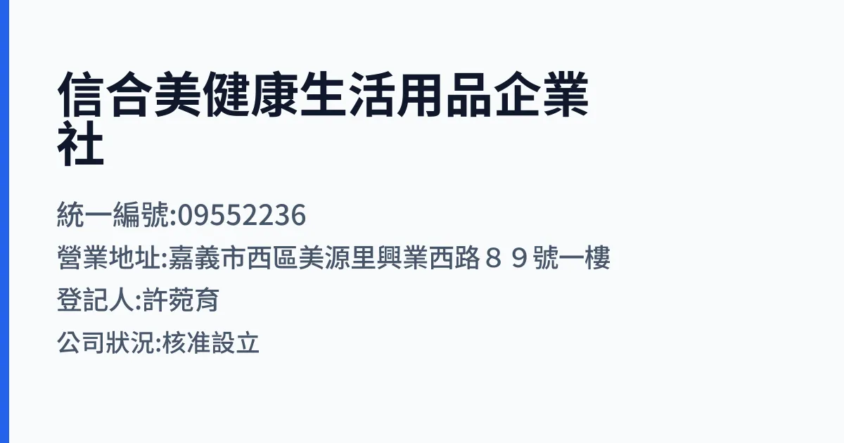 信合美健康生活用品企業社 - 統編 09552236(嘉義市) 公司登記資料與營業項目詳細圖表