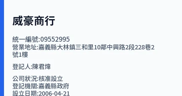 威豪商行的照片-統編 09552995(嘉義縣) 公司登記資料與營業項目詳細圖表