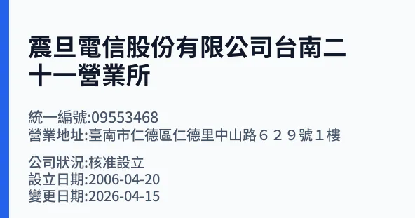 震旦電信股份有限公司台南二十一營業所的照片-統編 09553468(臺南市) 公司登記資料與營業項目詳細圖表