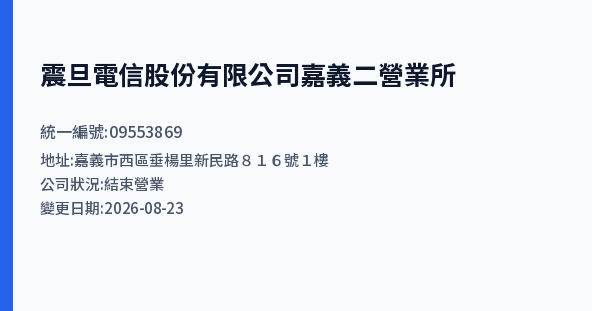 震旦電信股份有限公司嘉義二營業所的照片-統編 09553869(嘉義市) 公司登記資料與營業項目詳細圖表