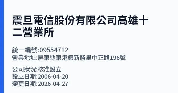 震旦電信股份有限公司高雄十二營業所的照片-統編 09554712(屏東縣) 公司登記資料與營業項目詳細圖表