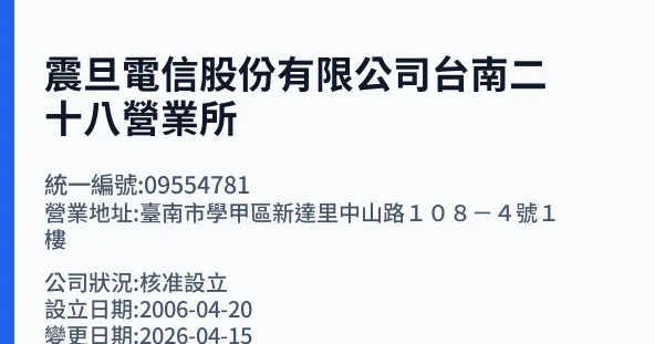震旦電信股份有限公司台南二十八營業所的照片-統編 09554781(臺南市) 公司登記資料與營業項目詳細圖表