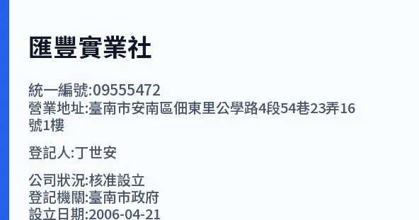 匯豐實業社的照片-統編 09555472(臺南市) 公司登記資料與營業項目詳細圖表