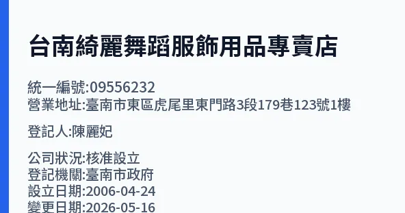 台南綺麗舞蹈服飾用品專賣店的照片-統編 09556232(臺南市) 公司登記資料與營業項目詳細圖表