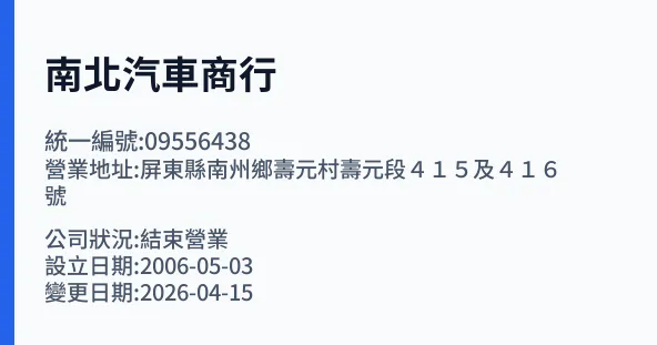 南北汽車商行的照片-統編 09556438(屏東縣) 公司登記資料與營業項目詳細圖表
