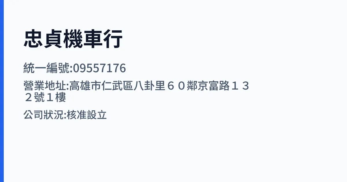 忠貞機車行 - 統編 09557176(高雄市) 公司登記資料與營業項目詳細圖表
