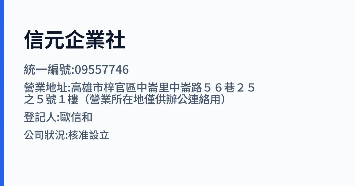 信元企業社 - 統編 09557746(高雄市) 公司登記資料與營業項目詳細圖表