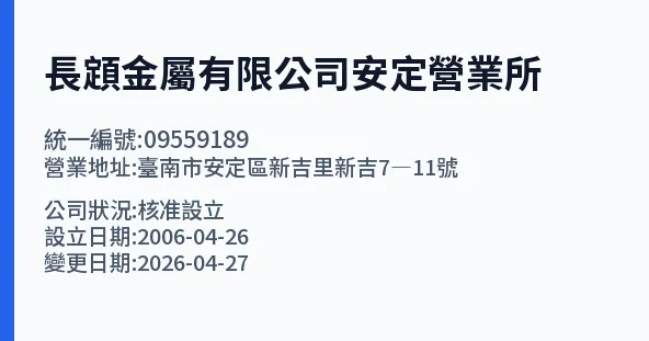 長顁金屬有限公司安定營業所的照片-統編 09559189(臺南市) 公司登記資料與營業項目詳細圖表