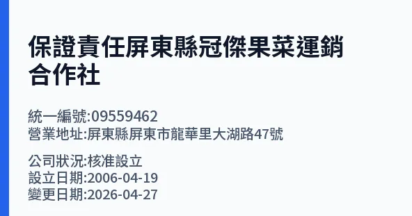 保證責任屏東縣冠傑果菜運銷合作社的照片-統編 09559462(屏東縣) 公司登記資料與營業項目詳細圖表