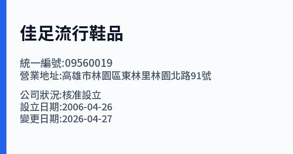 佳足流行鞋品的照片-統編 09560019(高雄市) 公司登記資料與營業項目詳細圖表